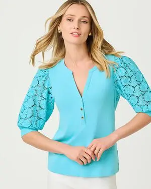 LILLY PULITZER Ronson Eyelet Knit Top - Capri Blue
