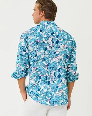LILLY PULITZER Stuff Addison Button Down Shirt - Capri Blue North Carolina Destination