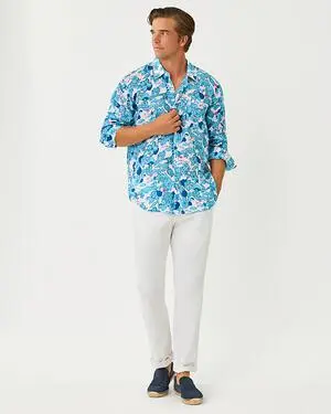 LILLY PULITZER Stuff Addison Button Down Shirt - Capri Blue North Carolina Destination