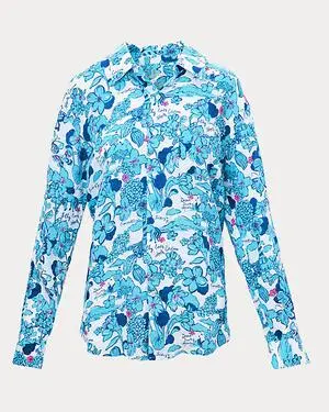 LILLY PULITZER Stuff Addison Button Down Shirt - Capri Blue North Carolina Destination