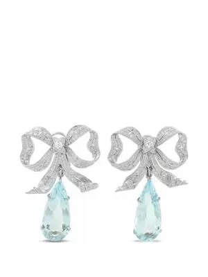 LB EXCLUSIVE Diamond And Aquamarine Bow Drop Earrings - Silver