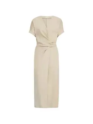 Brunello Cucinelli Viscose And Linen Fluid Twill Wrap-effect Dress With Monili - Neutrals
