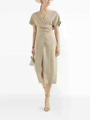 Brunello Cucinelli Viscose And Linen Fluid Twill Wrap-effect Dress With Monili - Neutrals