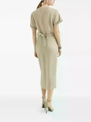 Brunello Cucinelli Viscose And Linen Fluid Twill Wrap-effect Dress With Monili - Neutrals