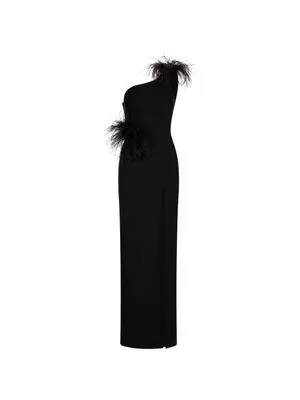 IMROSKA Feather-detail One-shoulder Maxi Dress - Black