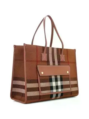 Burberry Freya Shopping Check Canvas With Leather Medium Tote Bag