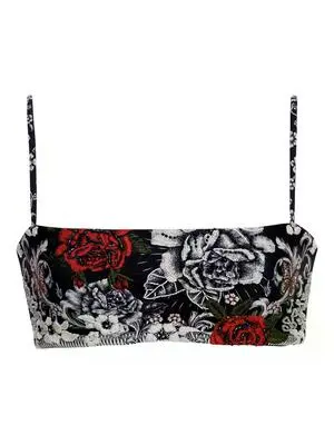 Agua Bendita Brietta Beaded Floral-print Bikini Top - Black