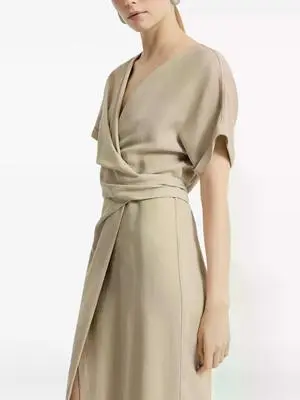 Brunello Cucinelli Viscose And Linen Twill Wrap-effect Dress With Monili - Neutrals