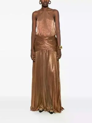 Retrofete Amberley Halterneck Pleated Maxi Dress - Brown
