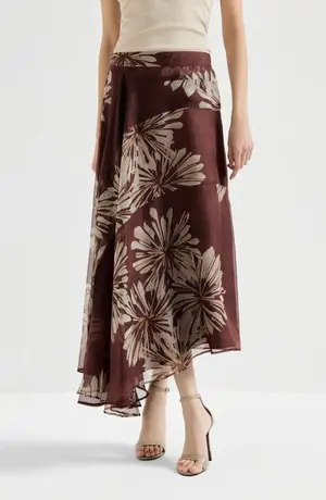 Brunello Cucinelli Bloom Print Asymmetrical Silk Organza Skirt - Bordeaux