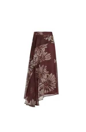 Brunello Cucinelli Bloom Print Asymmetrical Silk Organza Skirt - Bordeaux