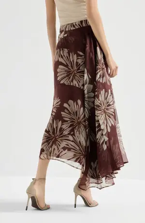 Brunello Cucinelli Bloom Print Asymmetrical Silk Organza Skirt - Bordeaux