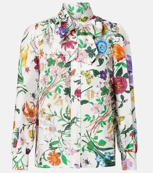 Gucci Floral Tie-neck Silk Twill Shirt - White