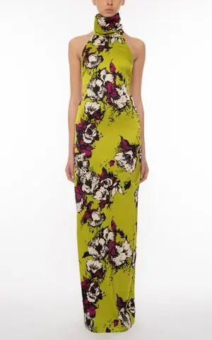 DES_PHEMMES Printed Stretch-satin Maxi Dress - Green