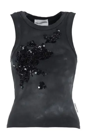 DES_PHEMMES Embellished Stretch-cotton Tank Top - Navy