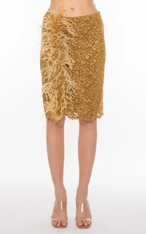 DES_PHEMMES Feathered Lace Midi Skirt - Olive