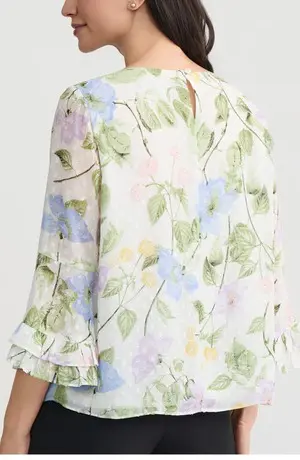 KASPER Floral Print Ruffle Sleeve Shirt - Lily White Multi