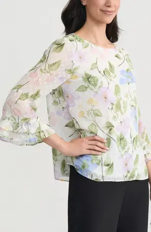 KASPER Floral Print Ruffle Sleeve Shirt - Lily White Multi