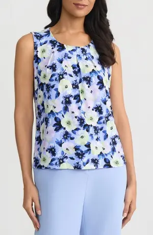KASPER Floral Print Pleated Sleeveless Top - Paris Bleu Mult