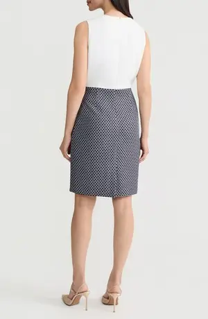 KASPER Geometric Patterned Sheath Dress - White/navy Dot