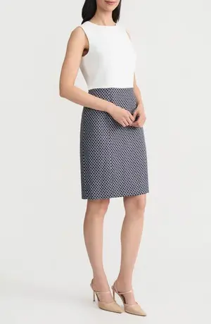 KASPER Geometric Patterned Sheath Dress - White/navy Dot