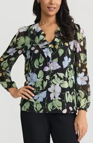 KASPER Floral Print Ruffle Blouse