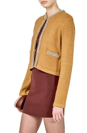 Endless Rose Bouclé Jewel Trim Cardigan - Mocha