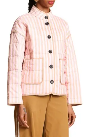 Avec Les Filles Stripe Boxy Quilted Cotton Blend Jacket - Pink-taupe Stripe