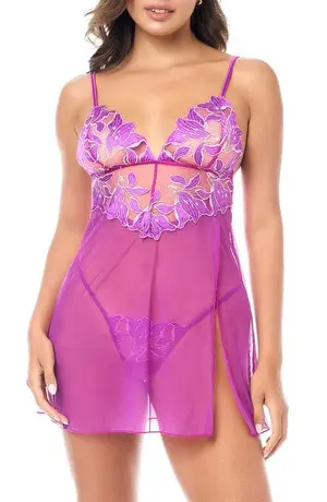 MAPALE Embroidered Sheer Babydoll & G-string Set - Azalea