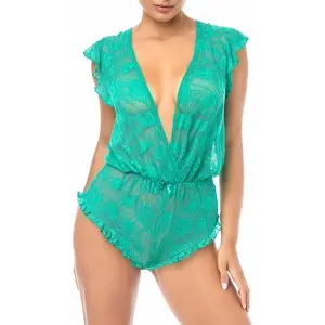 MAPALE Ruffle Lace Babydoll Romper - Wild Teal