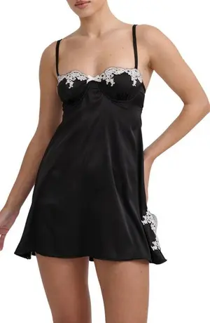 KAT THE LABEL Jean Embroidered Underwire Satin Slip - Black