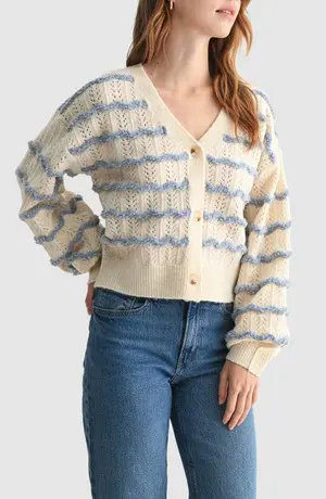ALL IN FAVOR Wavy Stripe Pointelle Cardigan - Cream Blue