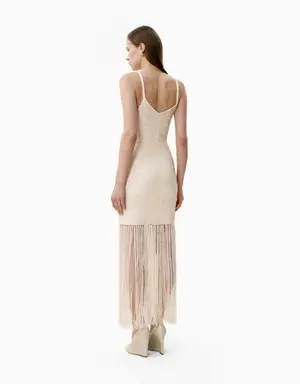DODIEE Knitted Sequin Tank Dress With Fringing - Cream