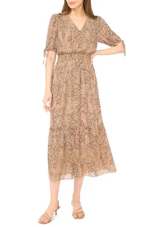 CECE DUPRAZ Leopard Print Smocked Waist Midi Dress