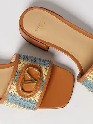 Valentino Garavani Vlogo Signature Striped Raffia And Leather Mules - Gnawed Blue