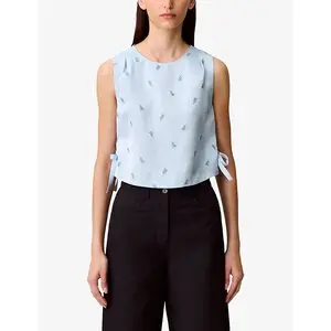 Claudie Pierlot Floral-embroidered Satin Top - Sky