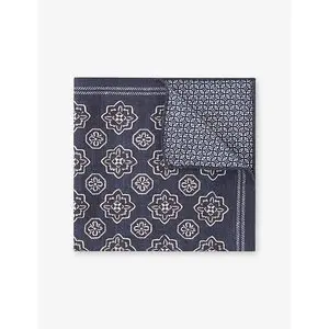 REISS Gian Floral-medallion Print Silk Pocket Square - Navy