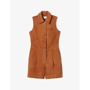 Claudie Pierlot Sleeveless Suede Playsuit With Brand Embroidery - Camel