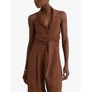 REISS Taya Tie-front Woven Jumpsuit - Rust Orange