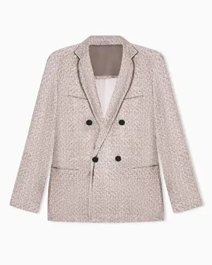 Giorgio Armani Suede Weave Print Double-breasted Jacket - Beige