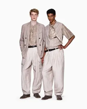 Giorgio Armani Suede Weave Print Double-breasted Jacket - Beige