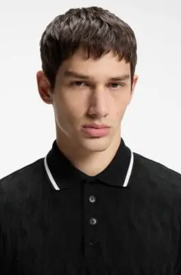 Hugo Stripe-collar Polo Shirt In Cotton Jacquard - Black