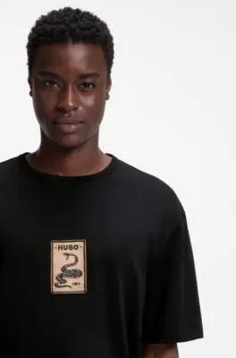 Hugo Embroidered-badge T-shirt In Cotton Terry - Black