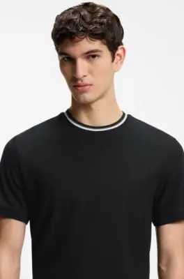 BOSS Striped-collar T-shirt In Cotton Piqu - Black