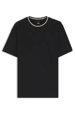 BOSS Striped-collar T-shirt In Cotton Piqu - Black
