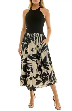 SOCIALITE Floral Print Fit & Flare Tank Dress - Black