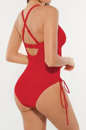 POPILUSH Plunge High-cut One-piece Swimsuit With Metallic Accents And Tie Sides - Red