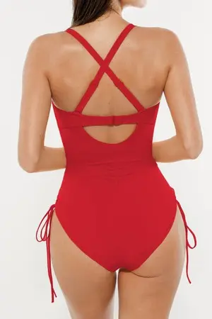 POPILUSH Plunge High-cut One-piece Swimsuit With Metallic Accents And Tie Sides - Red