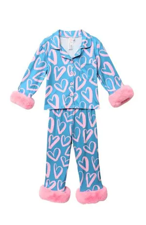 MIA BELLE GIRLS Heart Furry Pajama Set - Blue-green