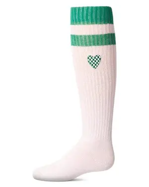 MEMOI Ribbed Varsity Stripe Checkered Heart Knee High Socks - Green